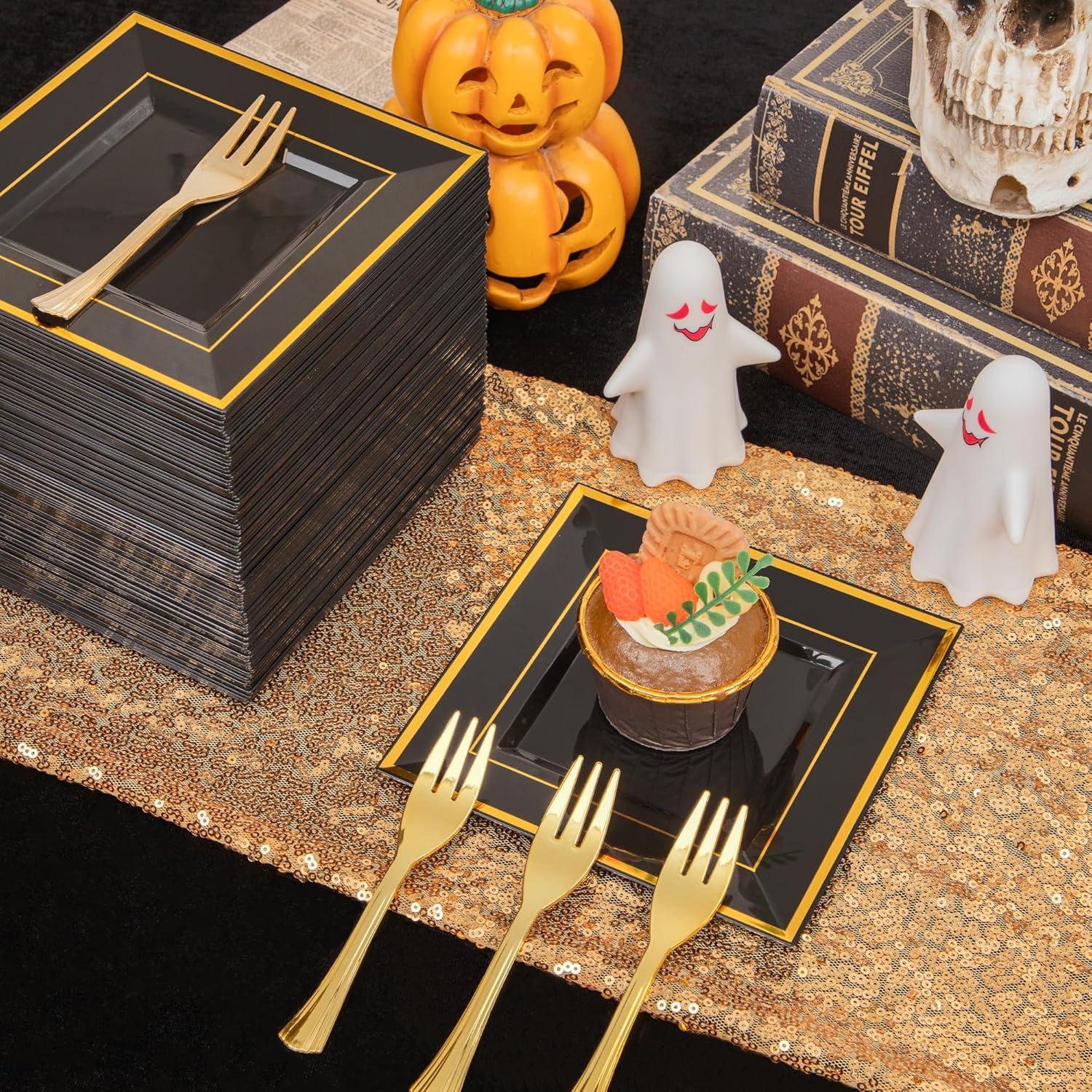 WDF 350PCS Black and Gold Plastic Plates with Gold Plastic Silverware - WDF