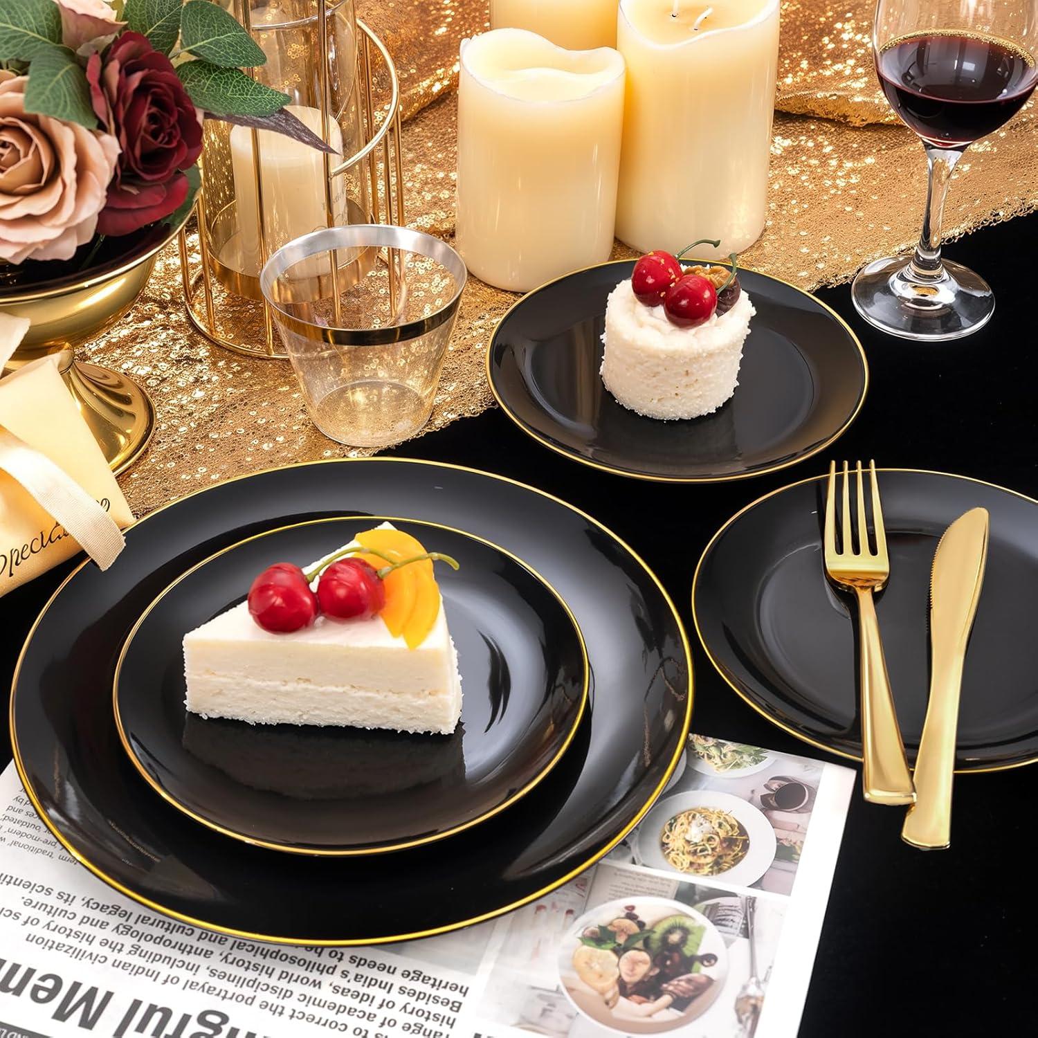 WDF 500PCS Black and Gold Plastic Plates with Gold Plastic Silverware - WDF