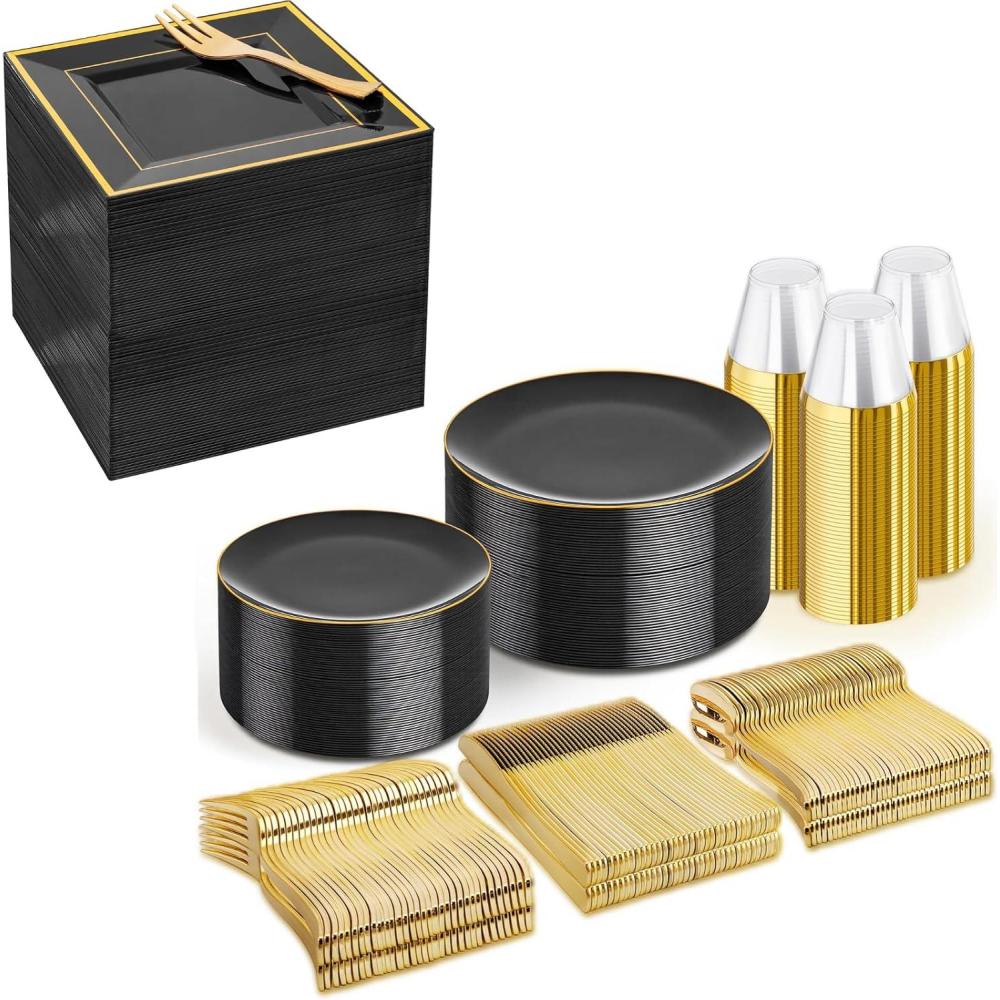WDF 500PCS Black and Gold Plastic Plates with Gold Plastic Silverware - WDF